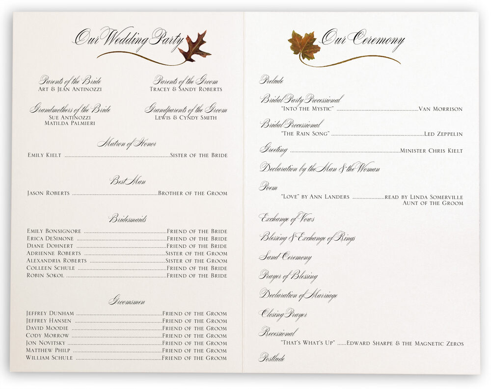 Ironwood Wispy Leaf Wedding Programs and Fall Church Programs - Documents and Designs